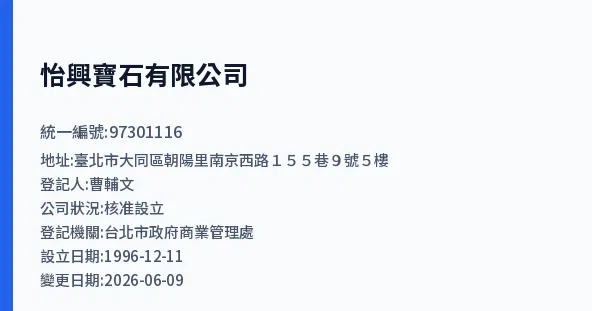怡興寶石有限公司的照片-統編 97301116(臺北市) 公司登記資料與營業項目詳細圖表