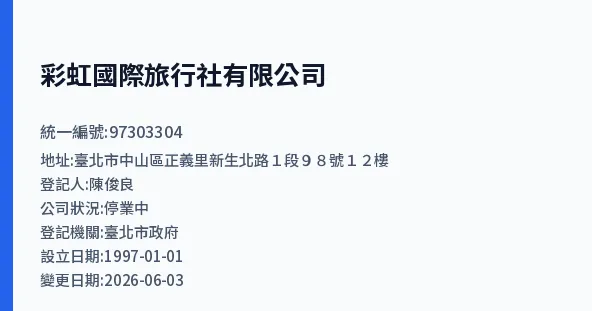彩虹國際旅行社有限公司的照片-統編 97303304(臺北市) 公司登記資料與營業項目詳細圖表