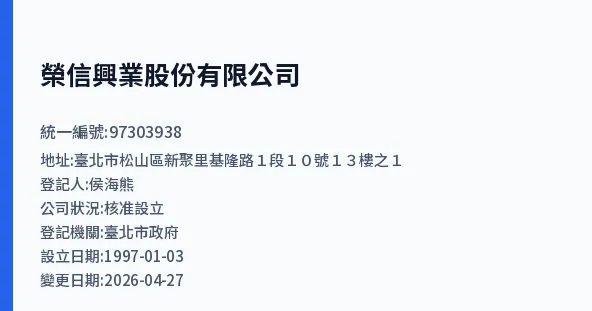 榮信興業股份有限公司的照片-統編 97303938(臺北市) 公司登記資料與營業項目詳細圖表