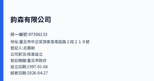 鈞森有限公司的照片-統編 97306153(臺北市) 公司登記資料與營業項目詳細圖表