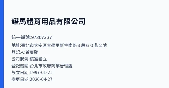 耀馬體育用品有限公司的照片-統編 97307337(臺北市) 公司登記資料與營業項目詳細圖表