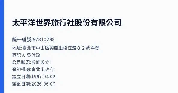 太平洋世界旅行社股份有限公司的照片-統編 97310298(臺北市) 公司登記資料與營業項目詳細圖表