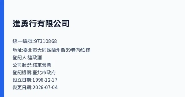 進勇行有限公司的照片-統編 97310868(臺北市) 公司登記資料與營業項目詳細圖表