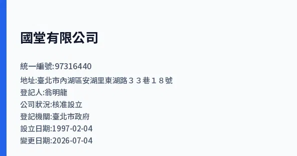 國堂有限公司的照片-統編 97316440(臺北市) 公司登記資料與營業項目詳細圖表