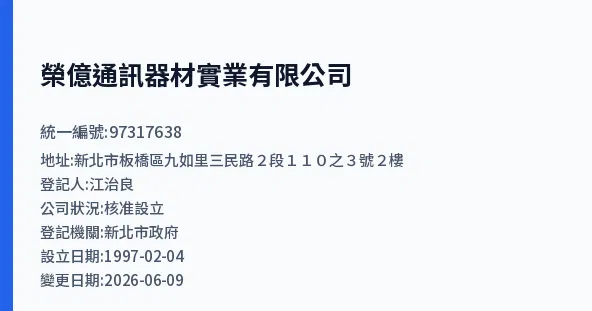 榮億通訊器材實業有限公司的照片-統編 97317638(新北市) 公司登記資料與營業項目詳細圖表