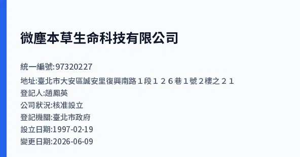 微塵本草生命科技有限公司的照片-統編 97320227(臺北市) 公司登記資料與營業項目詳細圖表