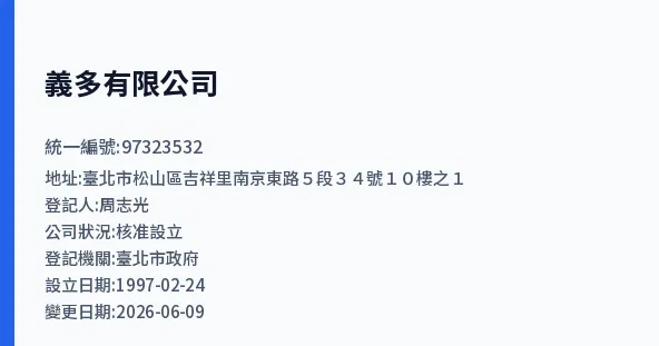 義多有限公司的照片-統編 97323532(臺北市) 公司登記資料與營業項目詳細圖表