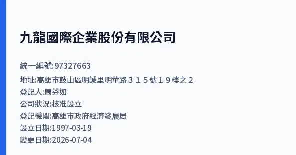 九龍國際企業股份有限公司的照片-統編 97327663(高雄市) 公司登記資料與營業項目詳細圖表