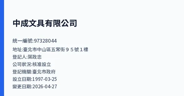 中成文具有限公司的照片-統編 97328044(臺北市) 公司登記資料與營業項目詳細圖表