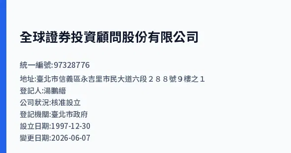 全球證券投資顧問股份有限公司的照片-統編 97328776(臺北市) 公司登記資料與營業項目詳細圖表