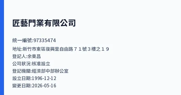 匠藝門業有限公司的照片-統編 97335474(新竹市) 公司登記資料與營業項目詳細圖表