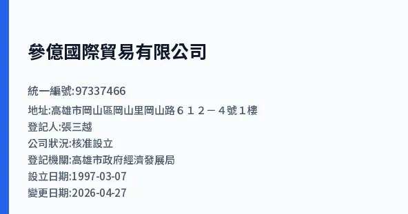 參億國際貿易有限公司的照片-統編 97337466(高雄市) 公司登記資料與營業項目詳細圖表