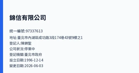 錦信有限公司的照片-統編 97337613(臺北市) 公司登記資料與營業項目詳細圖表