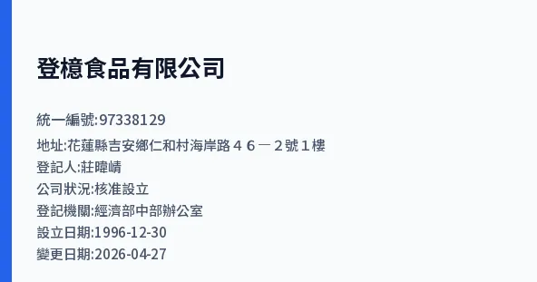 登檍食品有限公司的照片-統編 97338129(花蓮縣) 公司登記資料與營業項目詳細圖表