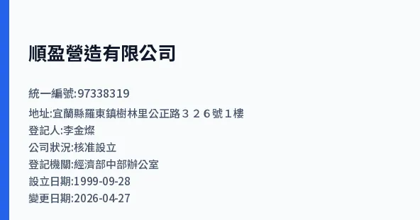 順盈營造有限公司的照片-統編 97338319(宜蘭縣) 公司登記資料與營業項目詳細圖表