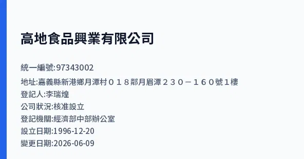 高地食品興業有限公司的照片-統編 97343002(嘉義縣) 公司登記資料與營業項目詳細圖表