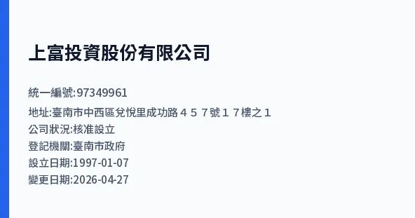 上富投資股份有限公司的照片-統編 97349961(臺南市) 公司登記資料與營業項目詳細圖表