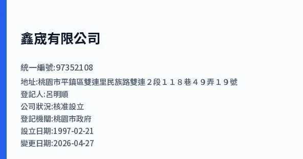 鑫宬有限公司的照片-統編 97352108(桃園市) 公司登記資料與營業項目詳細圖表