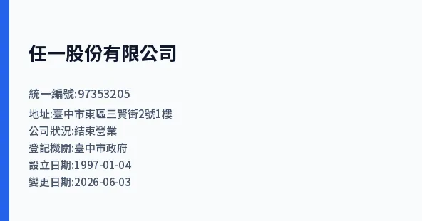 任一股份有限公司的照片-統編 97353205(臺中市) 公司登記資料與營業項目詳細圖表