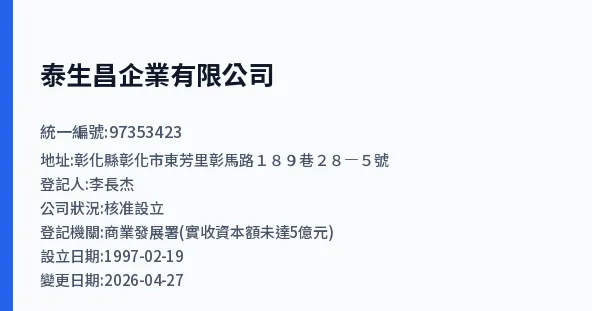 泰生昌企業有限公司的照片-統編 97353423(彰化縣) 公司登記資料與營業項目詳細圖表