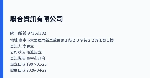 驥合資訊有限公司的照片-統編 97359382(臺中市) 公司登記資料與營業項目詳細圖表