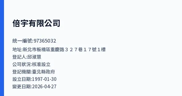 倍宇有限公司的照片-統編 97365032(新北市) 公司登記資料與營業項目詳細圖表