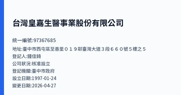 台灣皇嘉生醫事業股份有限公司的照片-統編 97367685(臺中市) 公司登記資料與營業項目詳細圖表