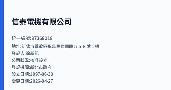 信泰電機有限公司的照片-統編 97368018(新北市) 公司登記資料與營業項目詳細圖表