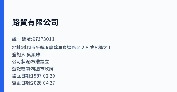 路貿有限公司的照片-統編 97373011(桃園市) 公司登記資料與營業項目詳細圖表