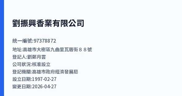 劉振興香業有限公司的照片-統編 97378872(高雄市) 公司登記資料與營業項目詳細圖表