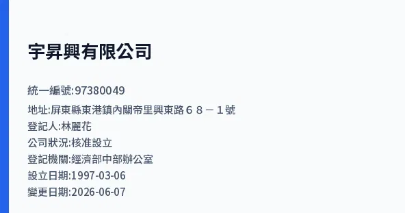 宇昇興有限公司的照片-統編 97380049(屏東縣) 公司登記資料與營業項目詳細圖表