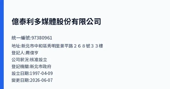 億泰利多媒體股份有限公司的照片-統編 97380961(新北市) 公司登記資料與營業項目詳細圖表