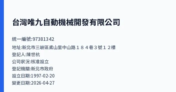 台灣唯九自動機械開發有限公司的照片-統編 97381342(新北市) 公司登記資料與營業項目詳細圖表