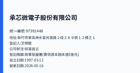承芯微電子股份有限公司的照片-統編 97391448(新竹市) 公司登記資料與營業項目詳細圖表