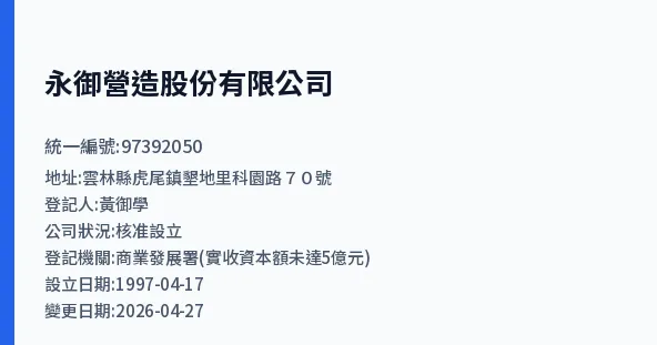 永御營造股份有限公司的照片-統編 97392050(雲林縣) 公司登記資料與營業項目詳細圖表