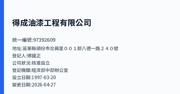 得成油漆工程有限公司的照片-統編 97392609(苗栗縣) 公司登記資料與營業項目詳細圖表