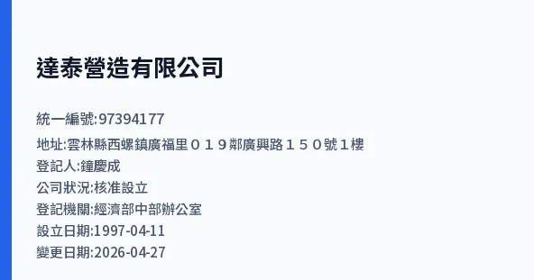 達泰營造有限公司的照片-統編 97394177(雲林縣) 公司登記資料與營業項目詳細圖表