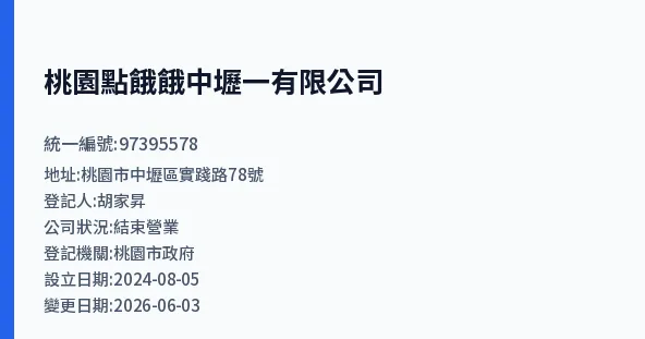 桃園點餓餓中壢一有限公司的照片-統編 97395578(桃園市) 公司登記資料與營業項目詳細圖表