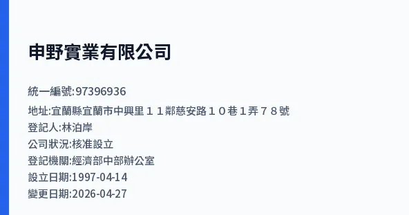 申野實業有限公司的照片-統編 97396936(宜蘭縣) 公司登記資料與營業項目詳細圖表