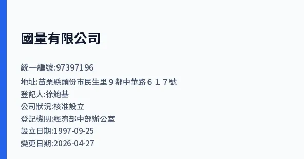 國量有限公司的照片-統編 97397196(苗栗縣) 公司登記資料與營業項目詳細圖表