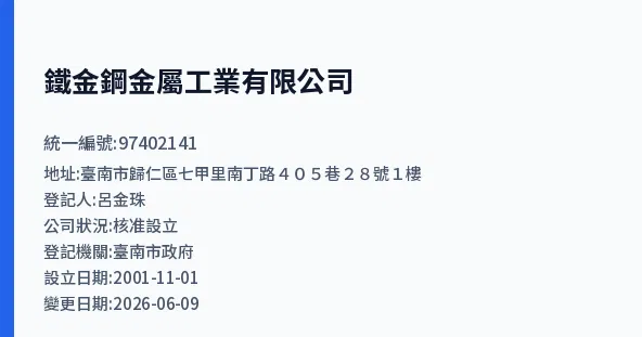 鐵金鋼金屬工業有限公司的照片-統編 97402141(臺南市) 公司登記資料與營業項目詳細圖表