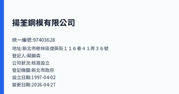 揚筌鋼模有限公司的照片-統編 97403628(新北市) 公司登記資料與營業項目詳細圖表