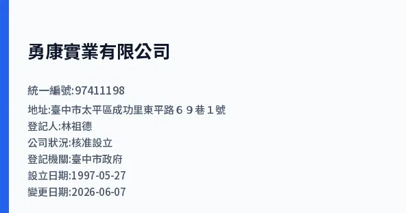 勇康實業有限公司的照片-統編 97411198(臺中市) 公司登記資料與營業項目詳細圖表