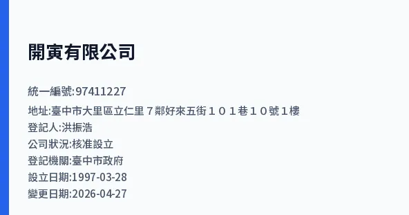 開寅有限公司的照片-統編 97411227(臺中市) 公司登記資料與營業項目詳細圖表