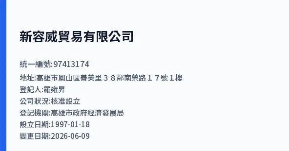 新容威貿易有限公司的照片-統編 97413174(高雄市) 公司登記資料與營業項目詳細圖表