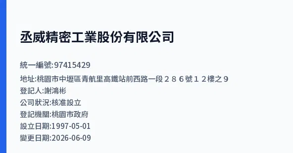 丞威精密工業股份有限公司的照片-統編 97415429(桃園市) 公司登記資料與營業項目詳細圖表