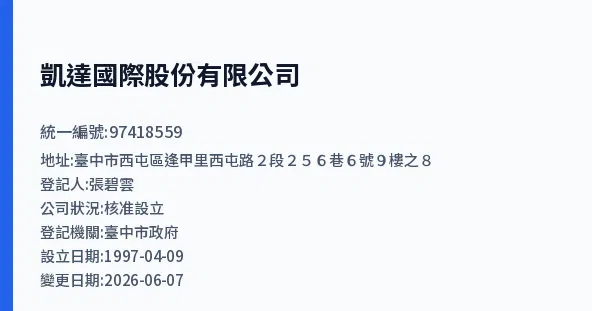 凱達國際股份有限公司的照片-統編 97418559(臺中市) 公司登記資料與營業項目詳細圖表