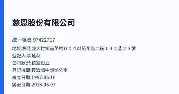 慈恩股份有限公司的照片-統編 97422717(彰化縣) 公司登記資料與營業項目詳細圖表