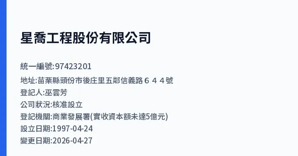 星喬工程股份有限公司的照片-統編 97423201(苗栗縣) 公司登記資料與營業項目詳細圖表