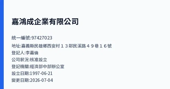 嘉鴻成企業有限公司的照片-統編 97427023(嘉義縣) 公司登記資料與營業項目詳細圖表